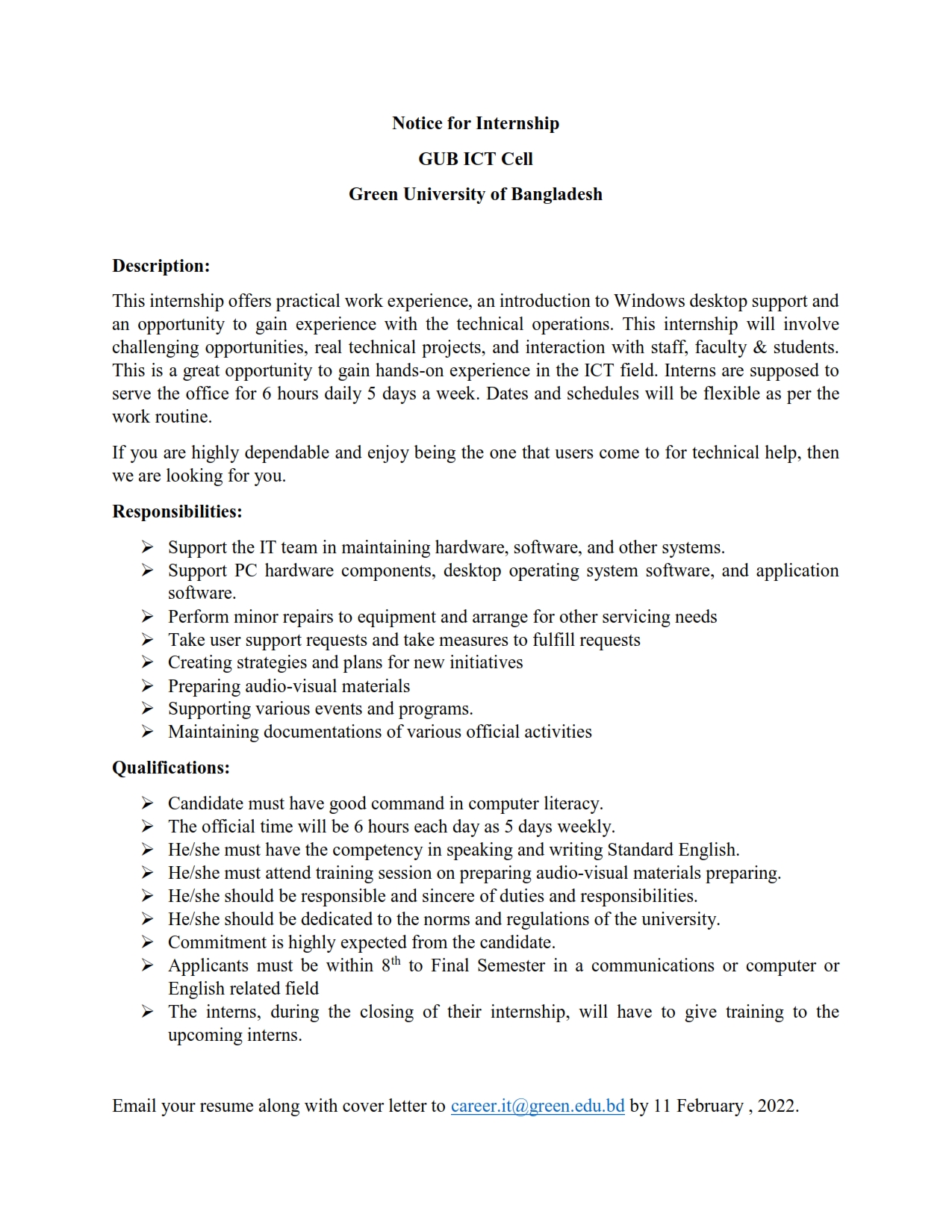 Internship Opportunity at GUB ICT Cell | Green University of Bangladesh
