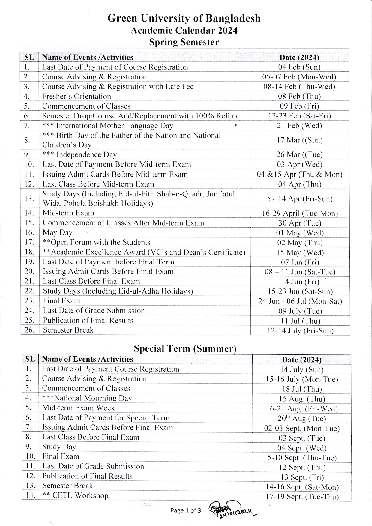 Academic Calendar | Green University of Bangladesh